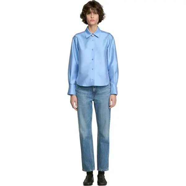 Sandro Embellished Collar Satin-effect Shirt - Sky Blue