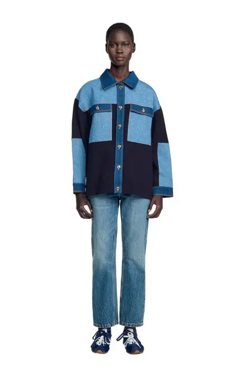 Sandro Oversized Denim Mix Cardigan With Contrasting Inserts - Blue