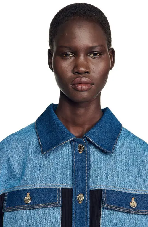 Sandro Oversized Denim Mix Cardigan With Contrasting Inserts