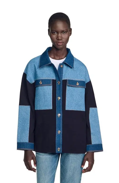 Sandro Oversized Denim Mix Cardigan With Contrasting Inserts