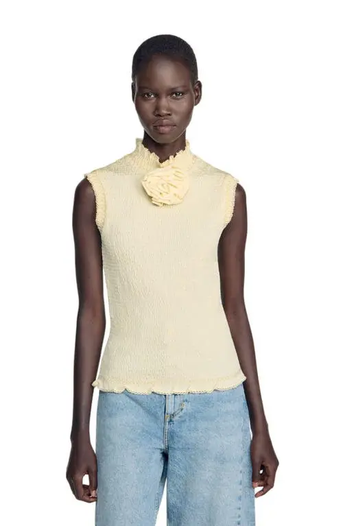 Sandro Smocked T-shirt With Flower Detail