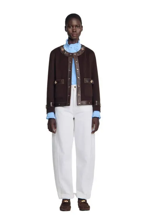 Sandro Short Coat With Leather Details - Brown