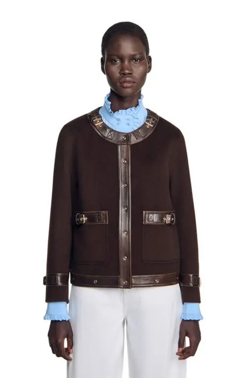 Sandro Short Coat With Leather Details
