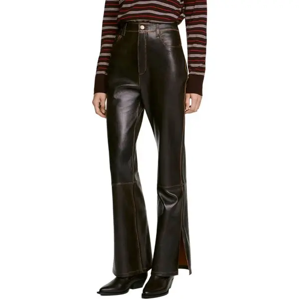 Sandro Distressed Leather Flared Trousers - Espresso