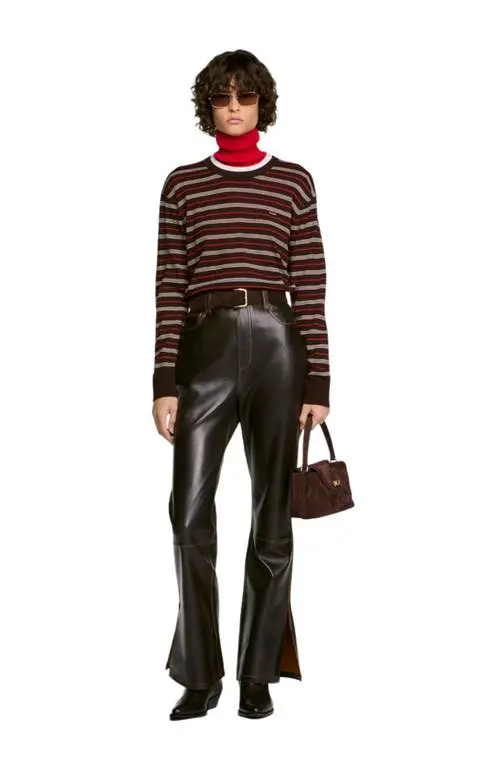 Sandro Distressed Leather Flared Trousers - Brown