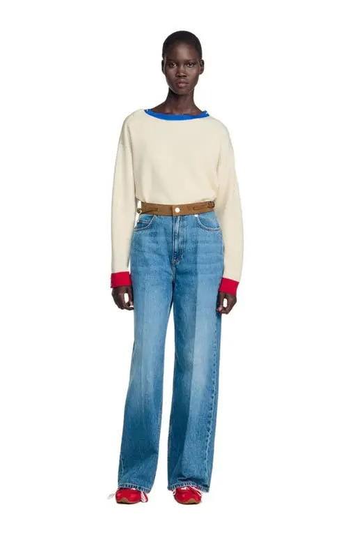 Sandro Straight Jeans With Leather Belt - Blue Jean