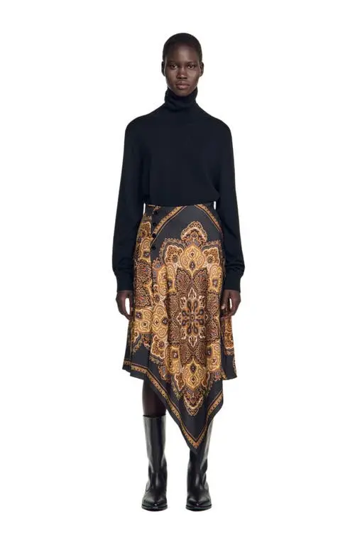Sandro Asymmetrical Scarf Print Skirt - Black/ocher