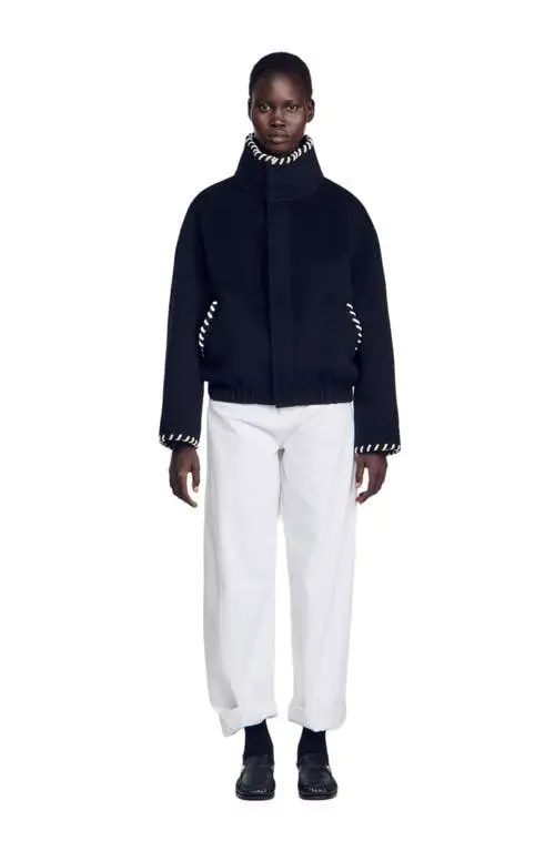 Sandro Cropped Wool Jacket With Topstitched Details