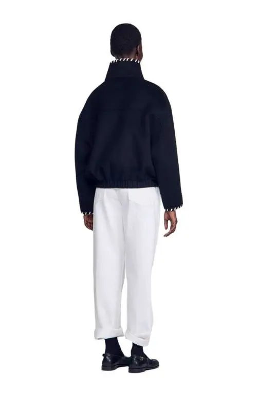 Sandro Cropped Wool Jacket With Topstitched Details