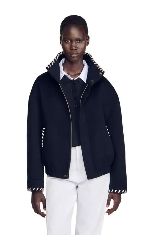 Sandro Cropped Wool Jacket With Topstitched Details