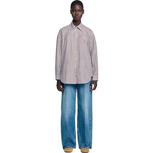 Sandro Oversized Striped Rhinestone Shirt - Brown