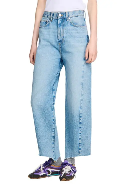 Sandro Barrel Jeans With Floral Print Leather Back Pocket