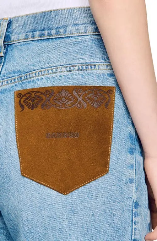 Sandro Barrel Jeans With Floral Print Leather Back Pocket