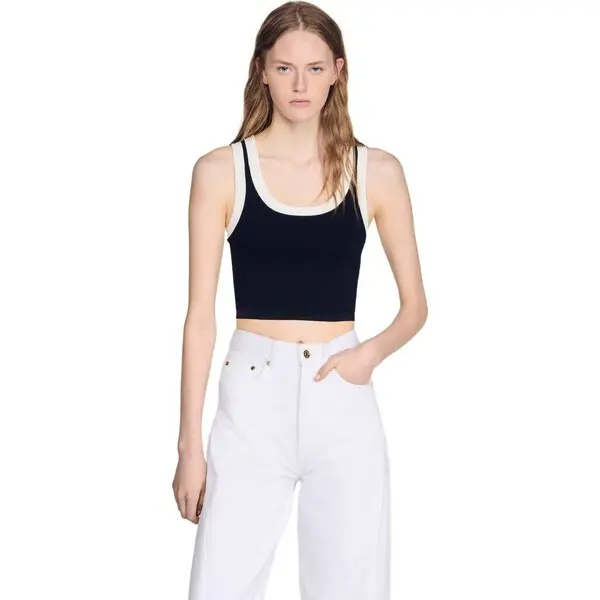 Sandro Two-tone Cropped Knit Top - Black