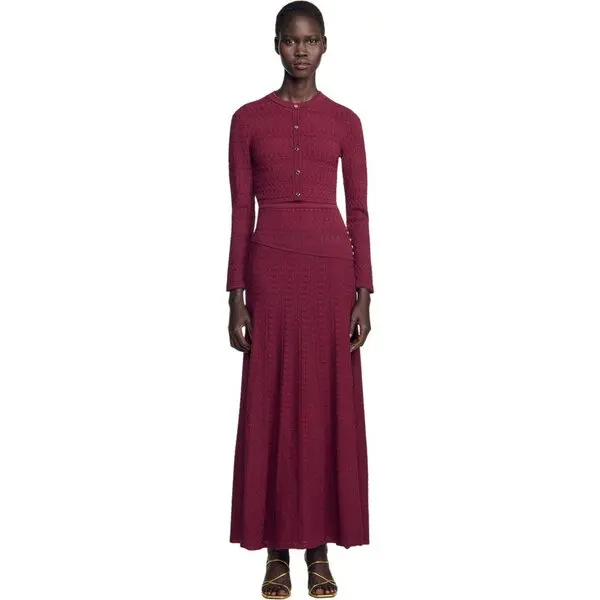 Sandro Cropped Pointelle Knit Cardigan - Bordeaux