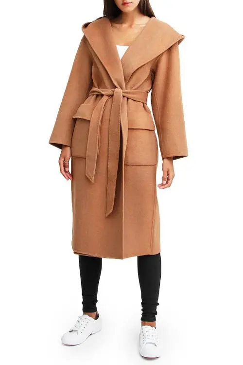 BELLE & BLOOM Runaway Wool Blend Robe Coat - Dark Camel