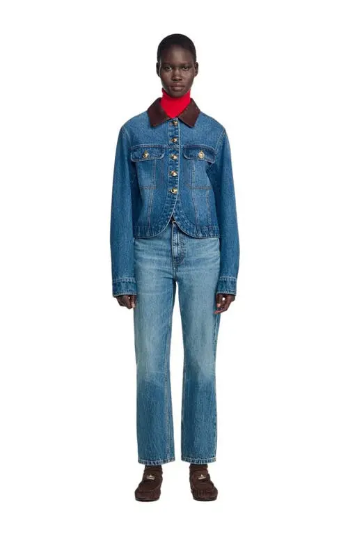 Sandro Denim Jacket With Leather Collar - Blue Jean