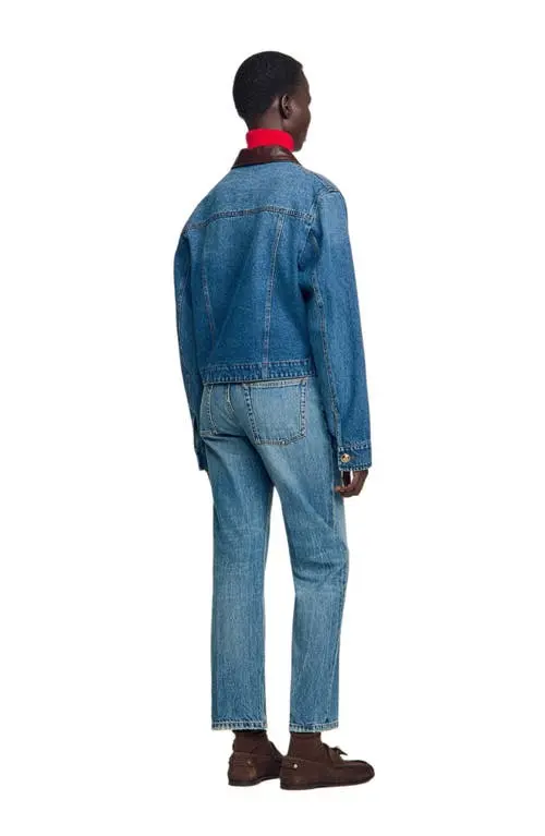 Sandro Denim Jacket With Leather Collar