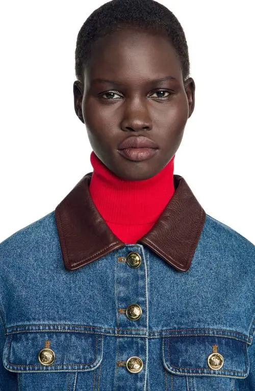 Sandro Denim Jacket With Leather Collar