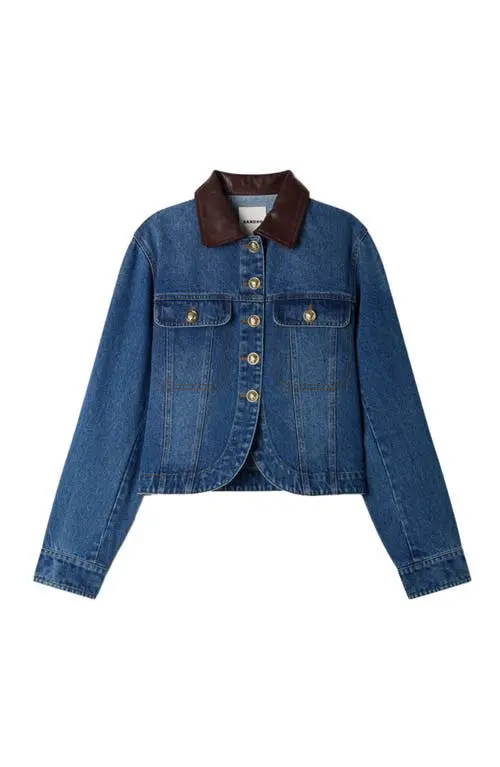 Sandro Denim Jacket With Leather Collar