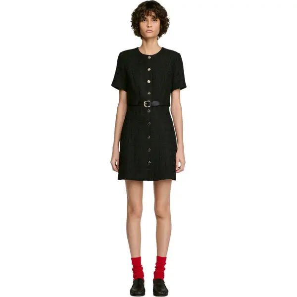 Sandro 2-in-1 Tweed Mini Dress With Belt - Black
