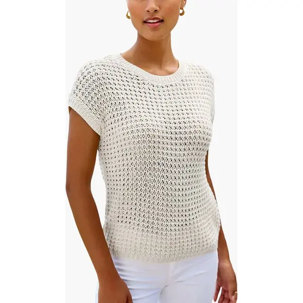 LASCANA Short Sleeve Openwork Knit Sweater - Ivory