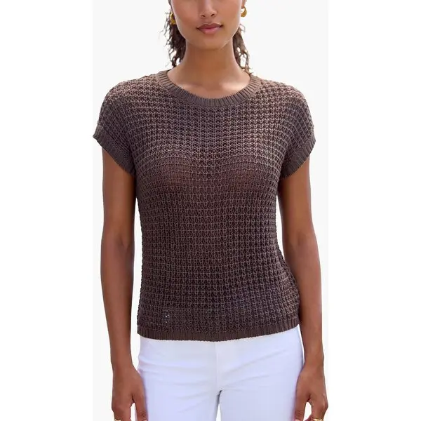LASCANA Short Sleeve Openwork Sweater - Taupe
