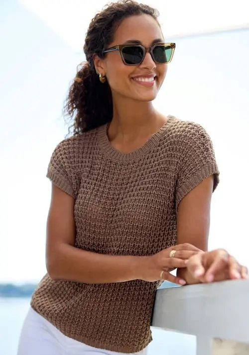 LASCANA Short Sleeve Openwork Sweater