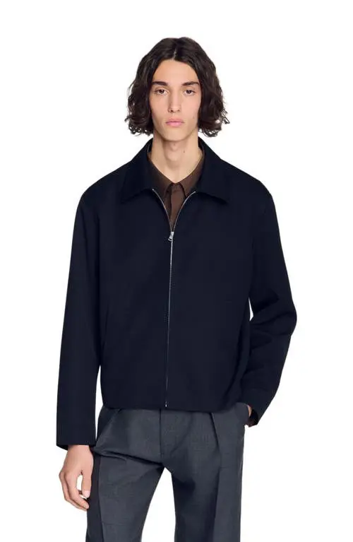 Sandro Zip-up Jacket With Classic Collar - Navy Blue