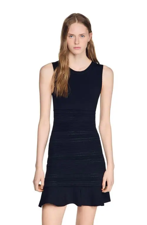 Sandro Fancy Knit Sleeveless Mini Dress With Flared Hem - Black