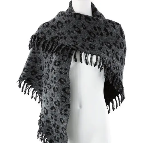 Rebecca Minkoff Jacquard Knit Leopard Triangle Scarf With Fringe - Grey