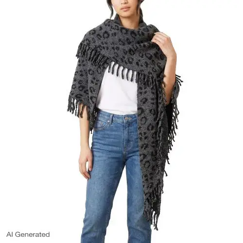 Rebecca Minkoff Jacquard Knit Leopard Triangle Scarf With Fringe - Grey