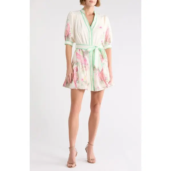 CIEBON Ashton Tie Waist Shirtdress - Cream Multi