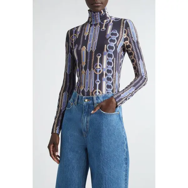 St. John Heritage Chain Bridle Print Turtleneck Top - Midnight Multi