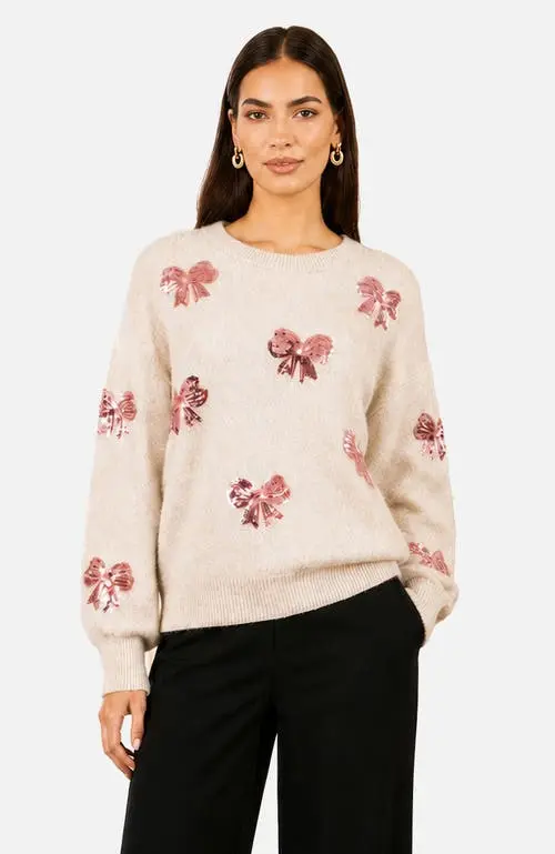YUMI Relaxed Knit Sequin Bow Jumper - Ivory