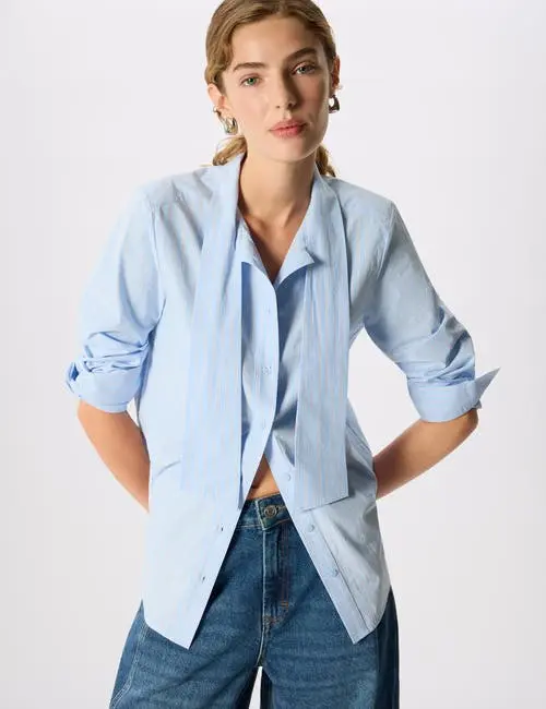 Whistles Cotton Scarf Detail Button Down Shirt - Blue/multi