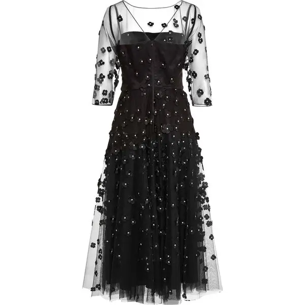 MAISON COMMON Embroidered Mesh Gown With Sleeves - Black