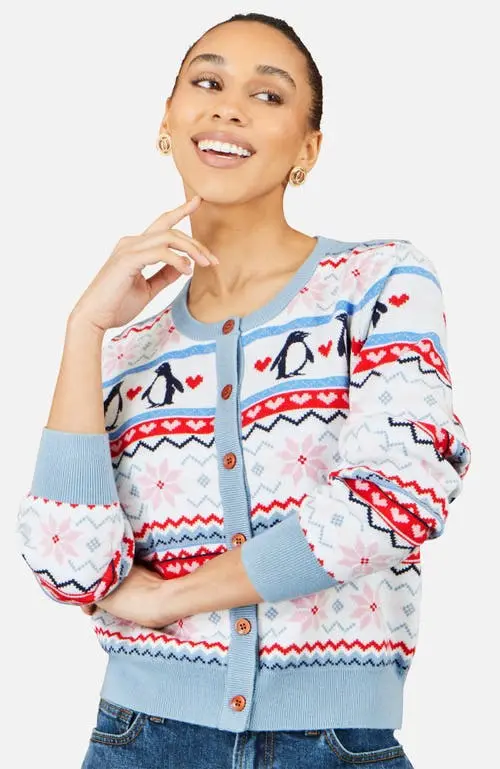 YUMI Penquin Fairisle Cardigan - Red