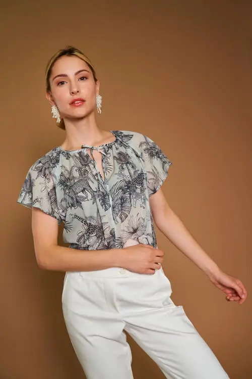 MAISON COMMON Printed Silk Blouse With Cap Sleeves