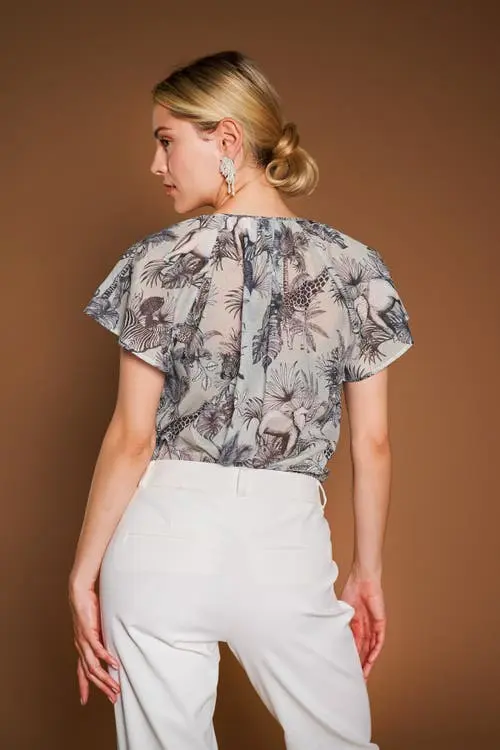 MAISON COMMON Printed Silk Blouse With Cap Sleeves