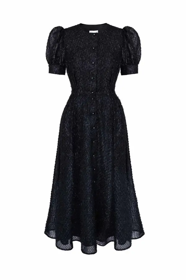 POST MERIDIEM Sequin Button Front Midi Dress