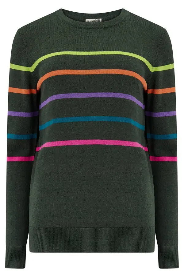 SUGARHILL BRIGHTON Rita Sweater Khaki Rainbow Stripe - Green