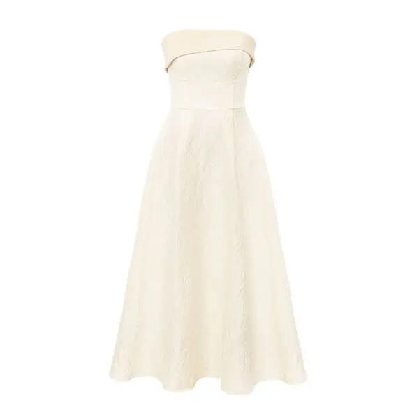 POST MERIDIEM Cream Jacquard Midi Dress With Satin Turn-up - White