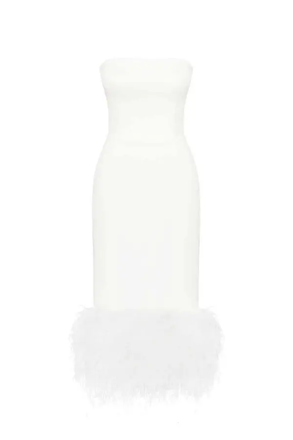 POST MERIDIEM Feather Detail Satin Sheath Dress - White