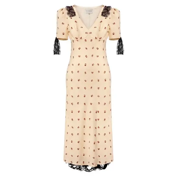 POST MERIDIEM Fitted Lace Midi Dress With Short Sleeves - Yellow