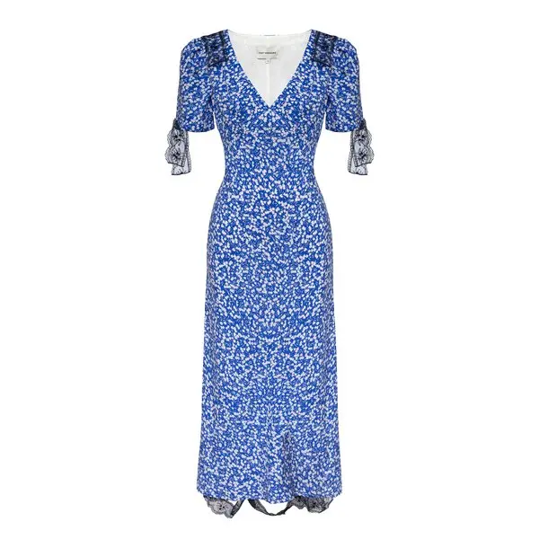 POST MERIDIEM Fitted Lace Midi Dress With Short Sleeves - Blue