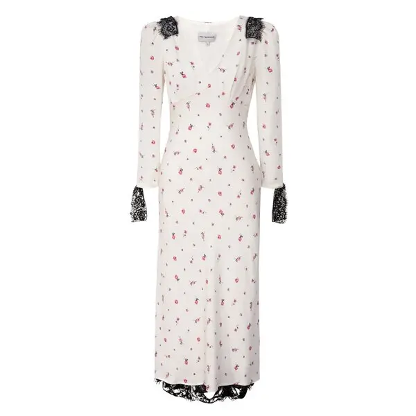 POST MERIDIEM Floral Fitted Midi Dress With Lace - White