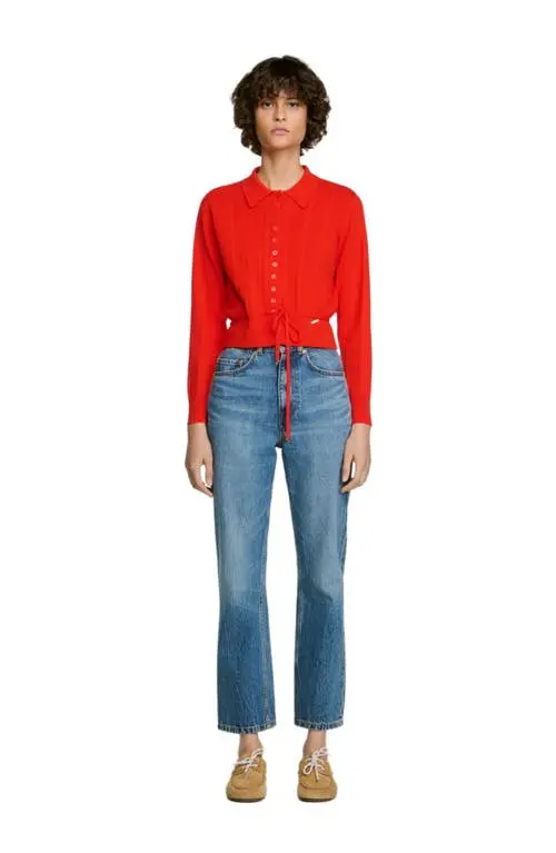 Sandro Pointelle Knit Cardigan With Adjustable Waist Tie - Red