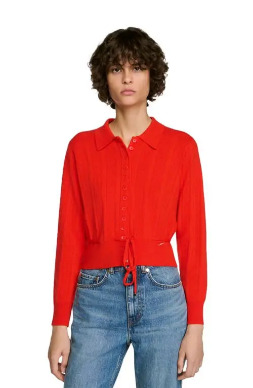 Sandro Pointelle Knit Cardigan With Adjustable Waist Tie