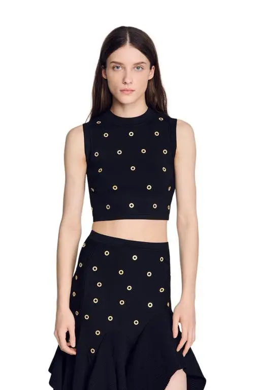 Sandro Studded Knit Top - Black